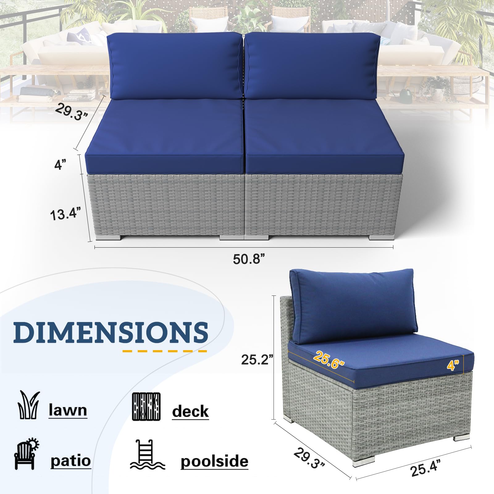 EAGLE PEAK 2 Piece Outdoor Armless Wicker Sofa Set, Outdoor Patio Armless Chairs with Removable Cushions, Sectional Wicker Loveseat, Dark Blue