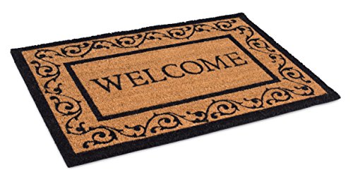 BirdRock Home Welcome Coir Doormat with Scroll Border - 24 x 36 Inch - Oversized Welcome Mat with Black Border and Natural Fade - Vinyl Backed - Outdoor
