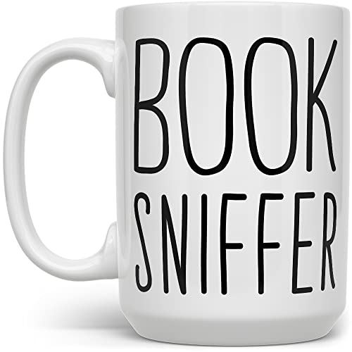 Book Sniffer Coffee Mug, Funny Bibliophile Bookish Cup, Librarian Bookworm Bookstore Lover Gifts (15oz)