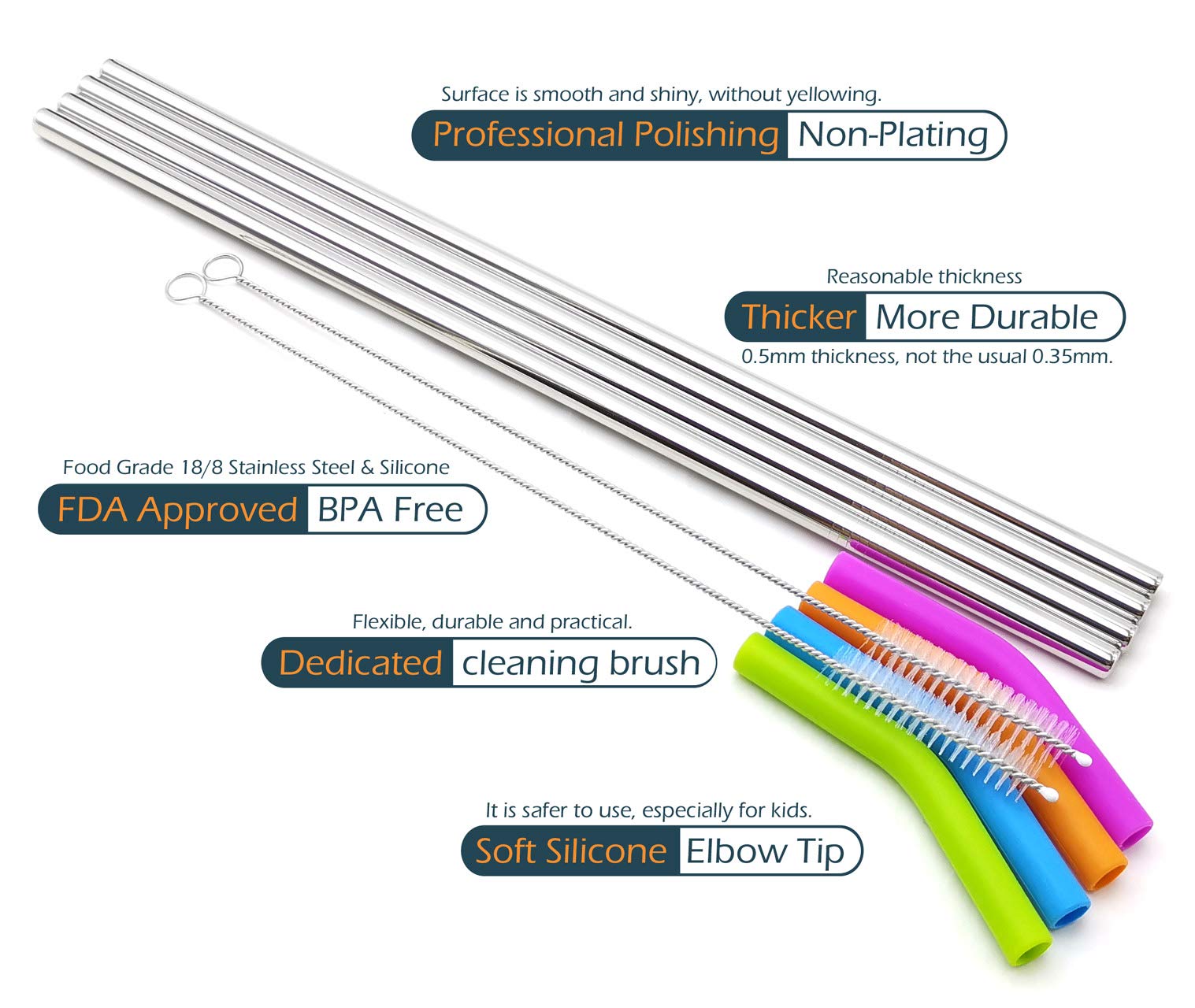 Big Drinking Straws Reusable 14.5" Extra Long 8mm Extra Wide Food-Grade 18/8 Stainless Steel Silicone Elbows Tips for Smoothie Milkshake Cocktail Juice Hot Drinks - Set of 4 + 2 Cleaning Brushes