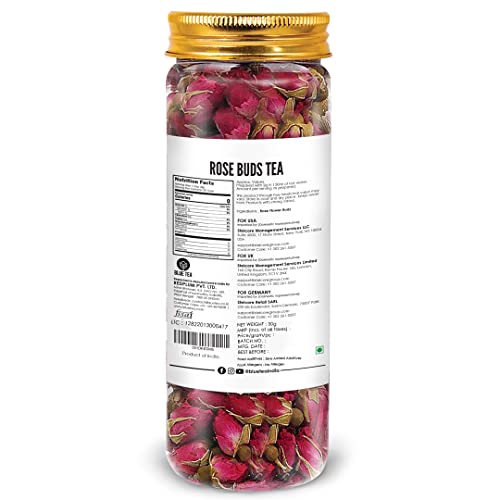 BLUE TEA - Rose Buds Herbal Tea - 1.05 Oz | Grade A | DETOX TEA | Caffeine Free Herbal Tea - Vegan - GMO-Free - Recycled Food Grade Pet Jar