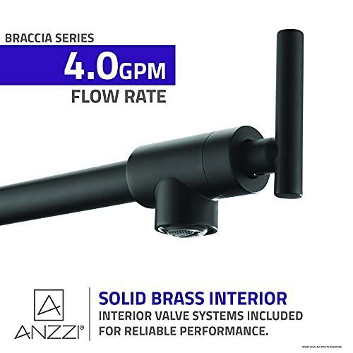 Braccia Series 24" Wall Mounted Pot Filler in Matte Black | 24β Reach Spout Solid Brass Two Handle Dual Shut-Off Valve Double Joint Swing Arm Wall Mount Kitchen Folding Faucet | KF-AZ258BKM