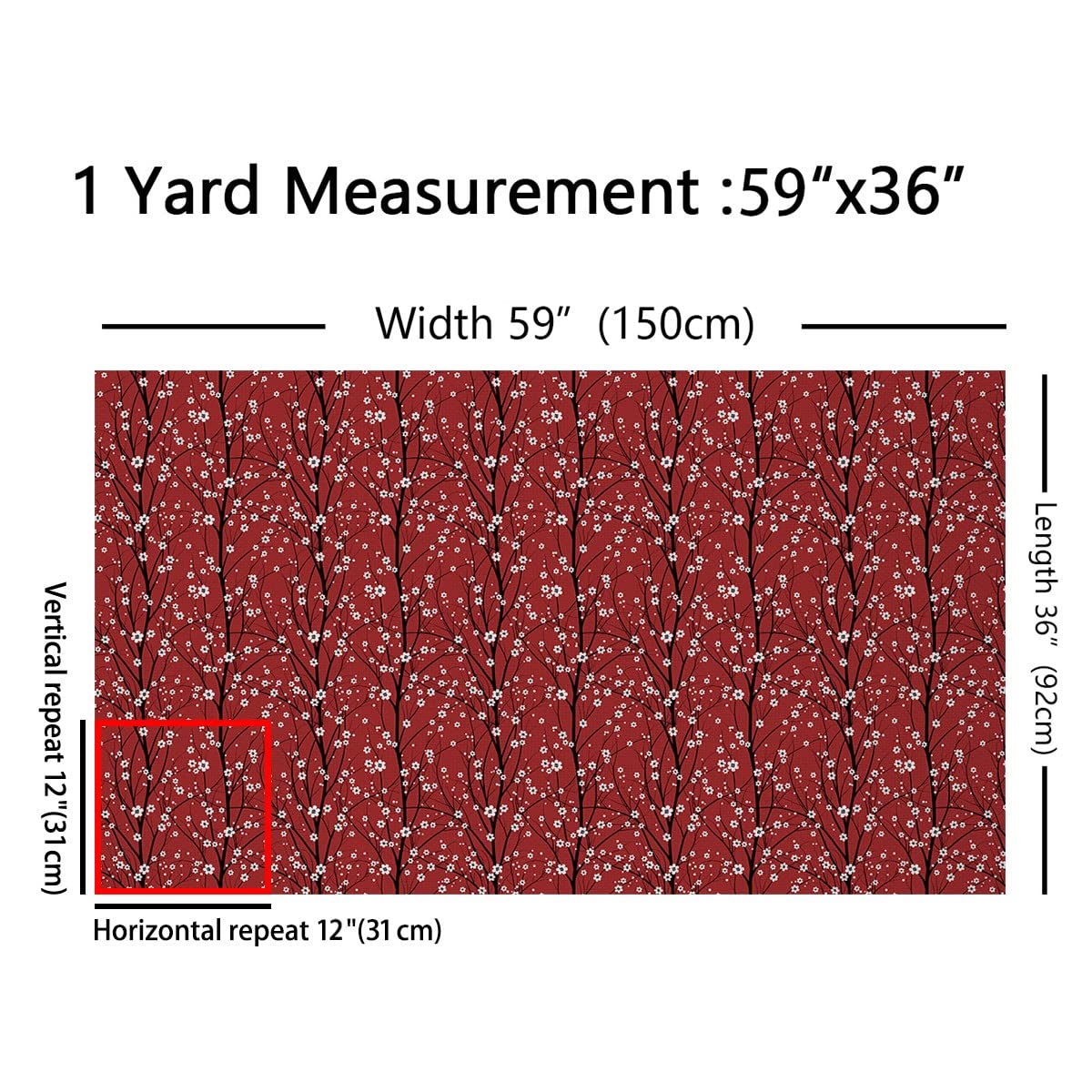 Cherry Blossoms Fabric by The Yard, Japanese Style Upholstery Fabric for Chairs,Chic Floral Decorative Waterproof Outdoor Fabric, Spring White Flower Branch Indoor Fabric, 1 Yard, Red Black
