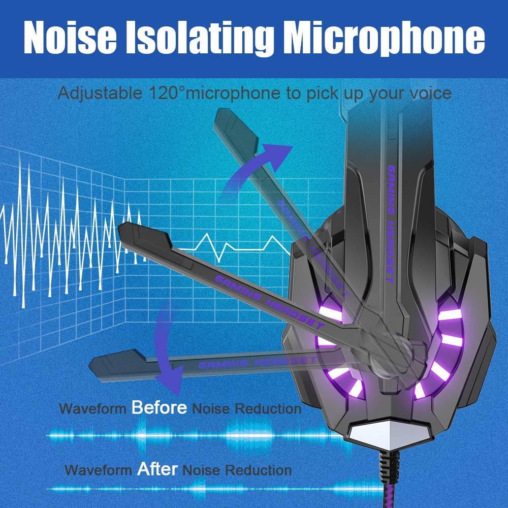 BENGOO G9000 Stereo Gaming Headset for PS4, PC, Xbox One Controller, Noise Cancelling Over Ear Headphones with Mic, LED Light, Bass Surround, Soft Memory Earmuffs (Purple) (Renewed)