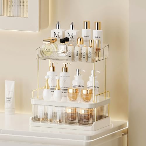 STORICANS 2-Tier 1-Drawer Bathroom Counter Organizer, Multi-Purpose Makeup Organizer Countertop, Large Skincare Organizers, Exquisite Vanity Organizer |12.5 Inch Clear