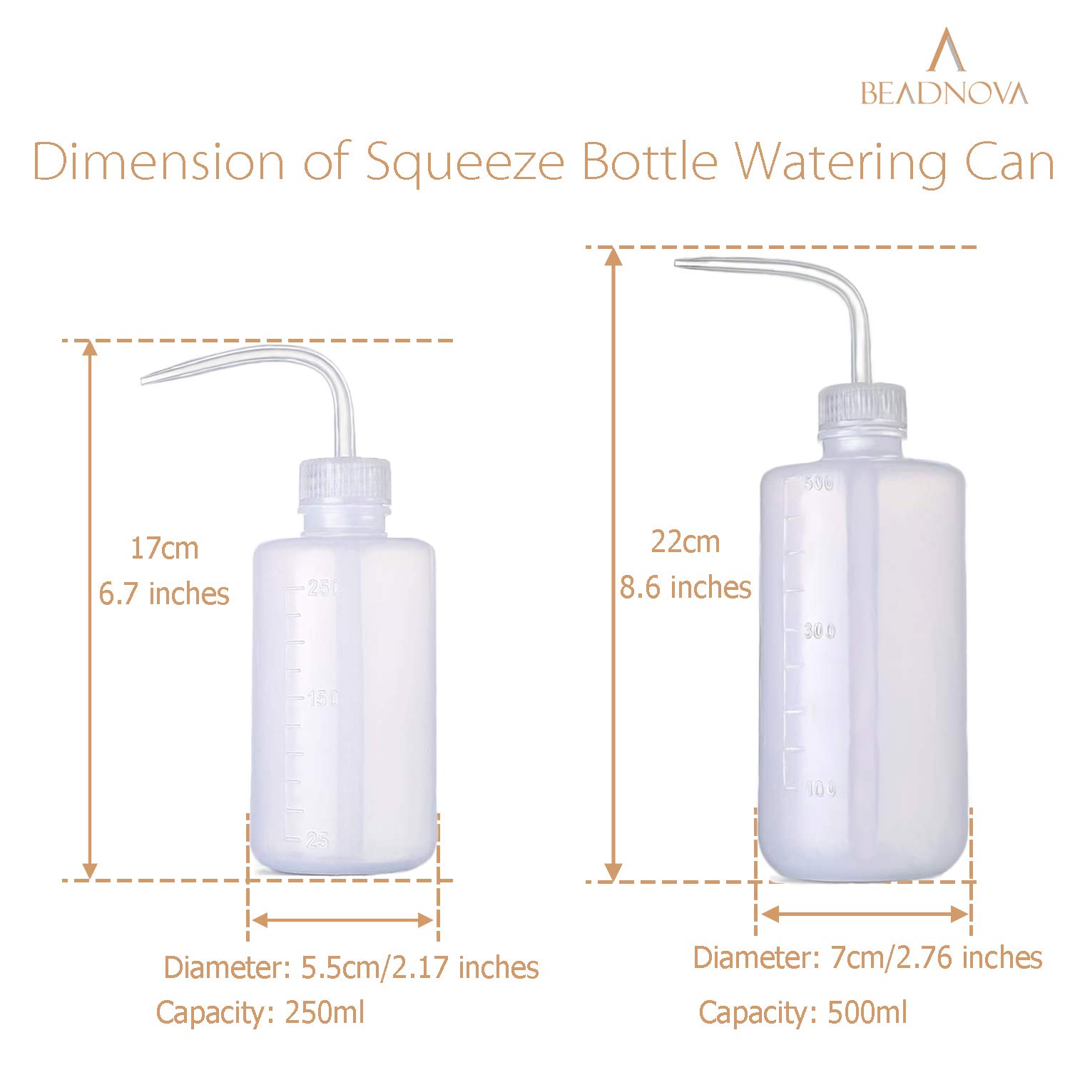 BEADNOVA Squeeze Bottle Plant Watering Can Eye Wash Bottle Squeeze Irrigation Bottle Plastic Small Watering Can for Indoor Plants Tattoo (2pcs, 250ml and 500ml)