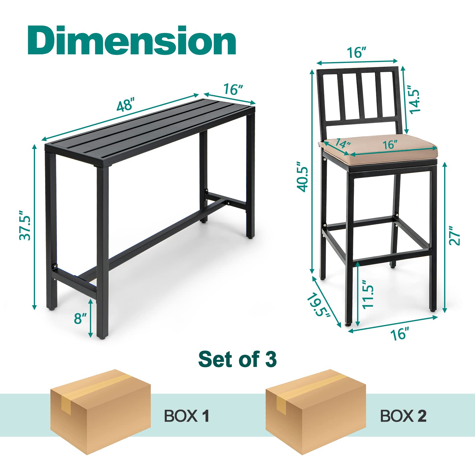 COSTWAY 3 Piece Outdoor Patio Bar Set, 48" Rectangular Pub Height High Top Bar Table with 2 Cushioned Bar Stools, Metal Bar Table and Chairs Set for Balcony, Backyard, Porch