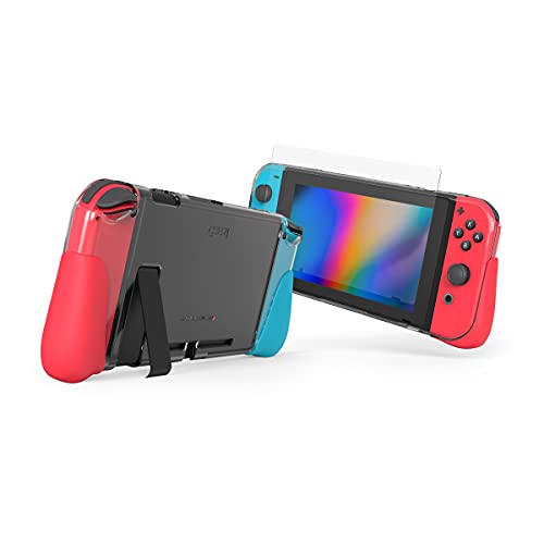 ZAGG Gear4 Kita Grip 360 Slim Case & Screen Protector for Nintendo Switch – Clear Protective Case, Red & Blue Grips, Kickstand, Dock Compatible, D3O Protection +Tempered Glass Screen Protector