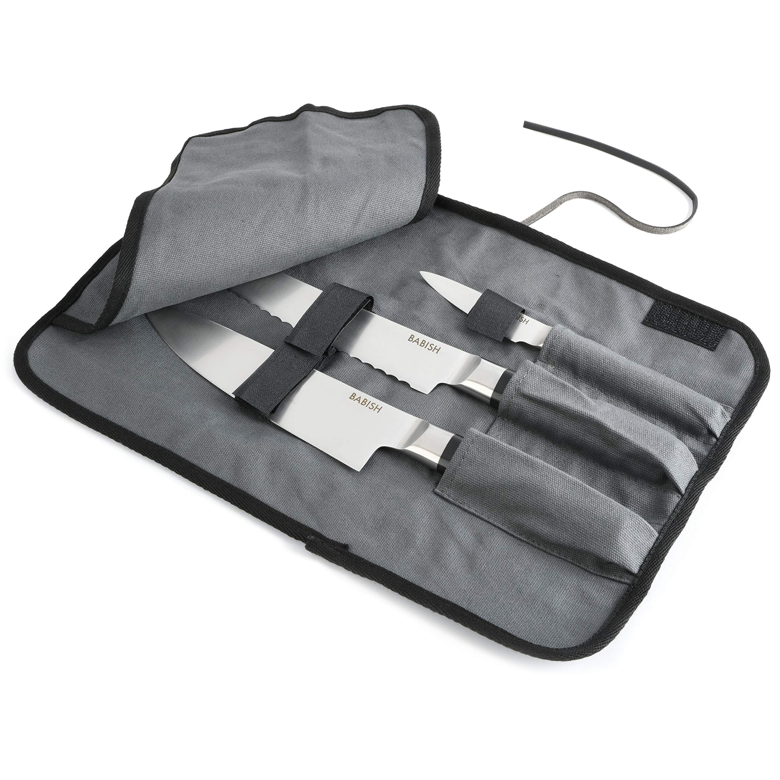 Babish German Steel Cutlery Set with Knife Roll - Includes Chef's Knife, Bread Knife, Paring Knife and 4 Steak Knives