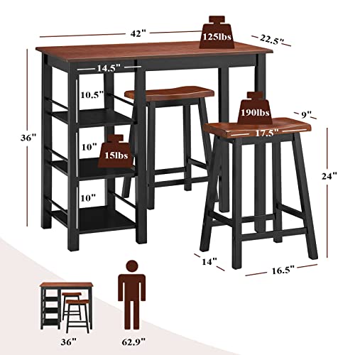 COSTWAY 3 Pieces Pub Table and Chair Set, Counter Height Dining Table Set with 2 Stools and 3 Storage Shelves, Industrial Wood Kitchen Table Set for Bar Bistro, Living Room, Restaurant