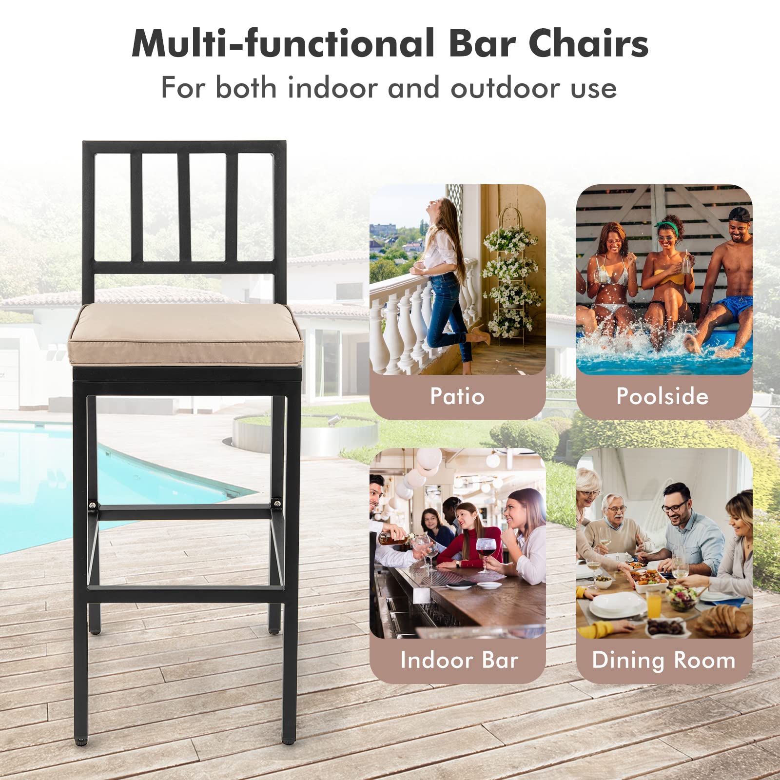 COSTWAY 4 PCS Patio Bar Chairs, Heavy-Duty Metal Frame Bar Stools, Indoor Outdoor All-Weather Resistant Barstools with Detachable Cushion & Footrest, for Patio, Garden, Poolside (4)