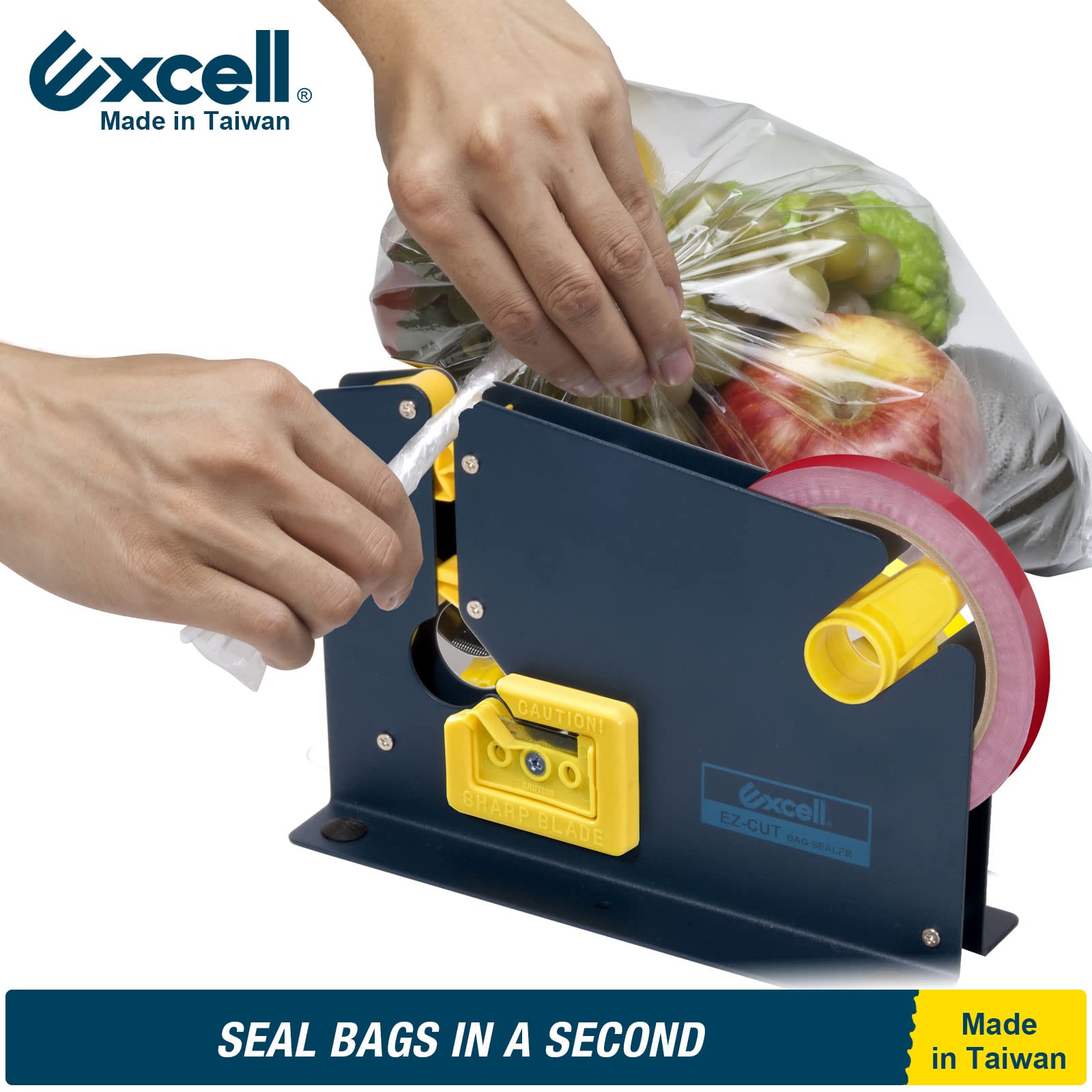 Excell EZ-Cut Tape Bag Sealer with Trimmer Blade: Fits 12 mm Tape, Ideal for Sealing Candy, Bread, and Meat. Easy to Cut and Trim Bags. Durable, Table-mountable. Includes Sealer and Tape roll.