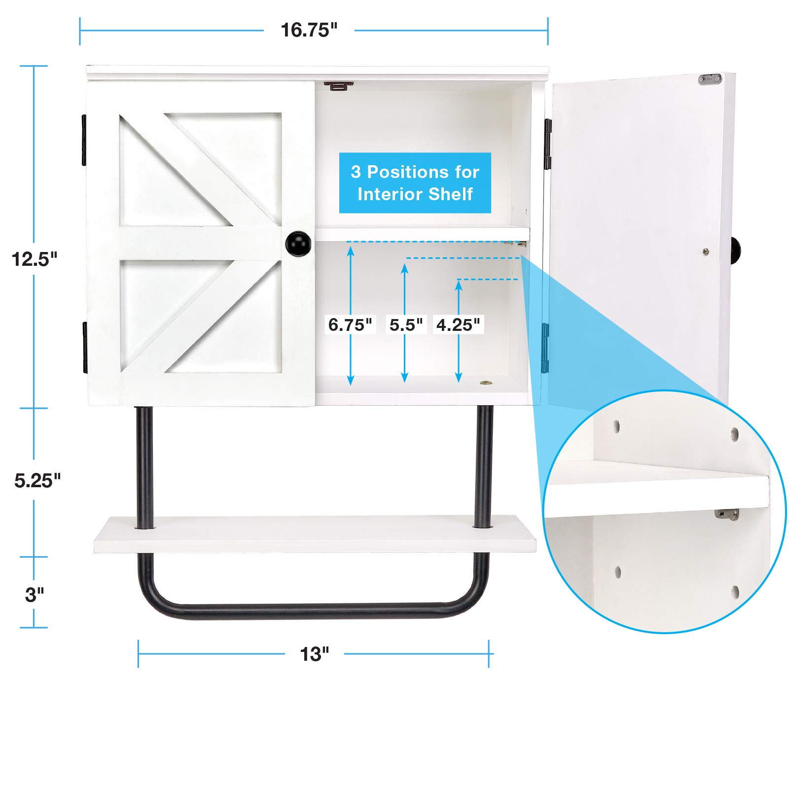 EXCELLO GLOBAL PRODUCTS 17x21” Barndoor Bathroom Wall Cabinet, Space Saver Storage Cabinet Kitchen Medicine Cabinet with Adjustable Shelf and Towel Bar, White