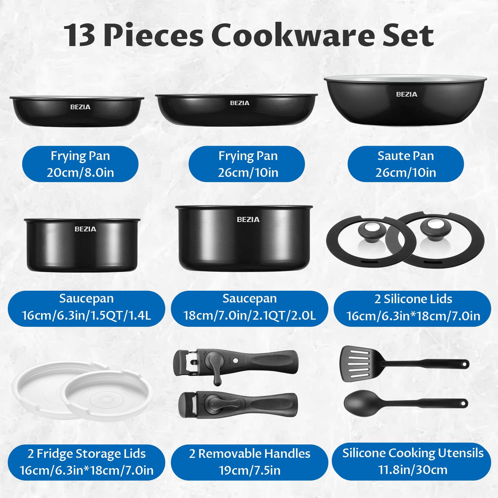 BEZIA Induction Cookware with Healthy Ceramic Coating, Nonstick Pots and Pans Set 13pcs with Detachable Handles, Induction RV Kitchen Set with Removable Handles, Oven Safe