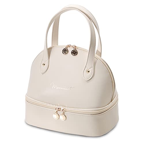 BAKLUCK Lunch Bag Women, Insulated Lunch Box Bag Compact Size with Large Capacity Lunch Tote Bag, Simple Modern Double Decker Waterproof PU Leather - Beige Lunch Bag for Work, Picnic, Travel