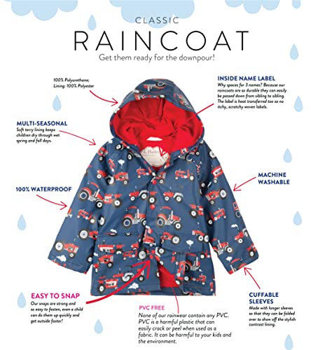 Hatley Boys' Little Button-Up Printed Rain Jacket, Red Farm Tractors, 4 Years