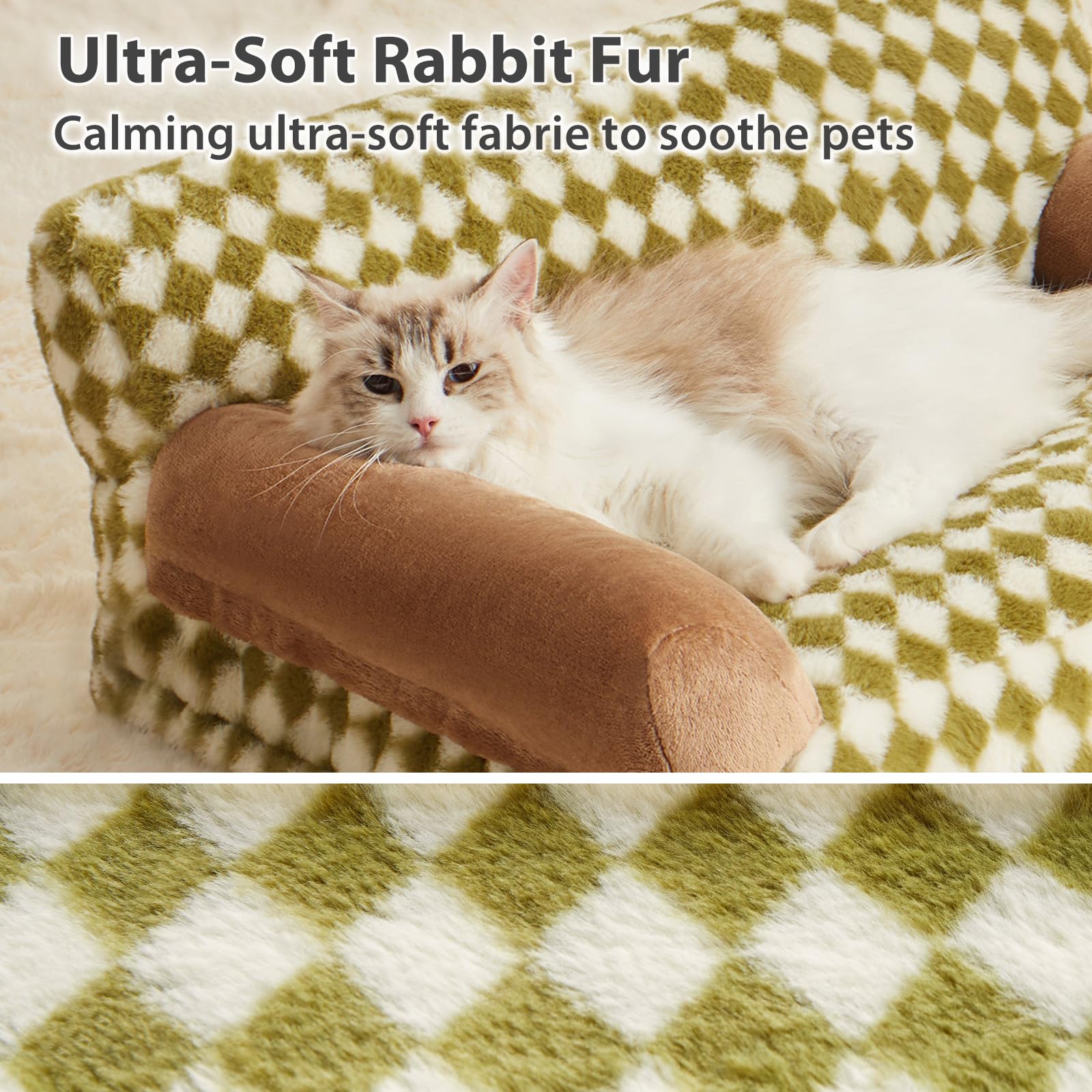 BFPETHOME Cat Couch Bed & Dog Couch Bed, Pet Couch Bed for Small Pet, Cute Dog Sofa Bed, Cat Sofa & Pet Sofa with Non-Slip Bottom, Checkered Dog Bed with Washable Cover (Green&White)