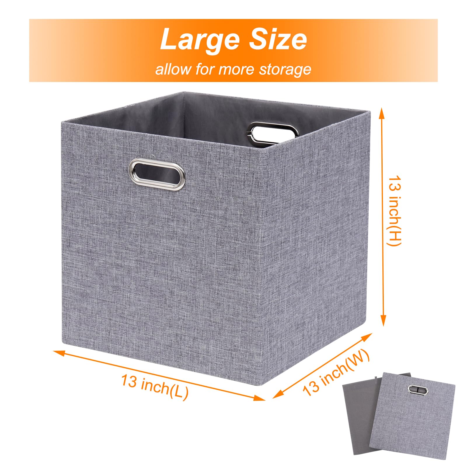 Jermichoc Storage Bins 13x13x13, Cube Storage Bin 4 Pack, Collapsible Storage Bins Fabric with Metal Handle for Clothes, Toys, Books (grey)