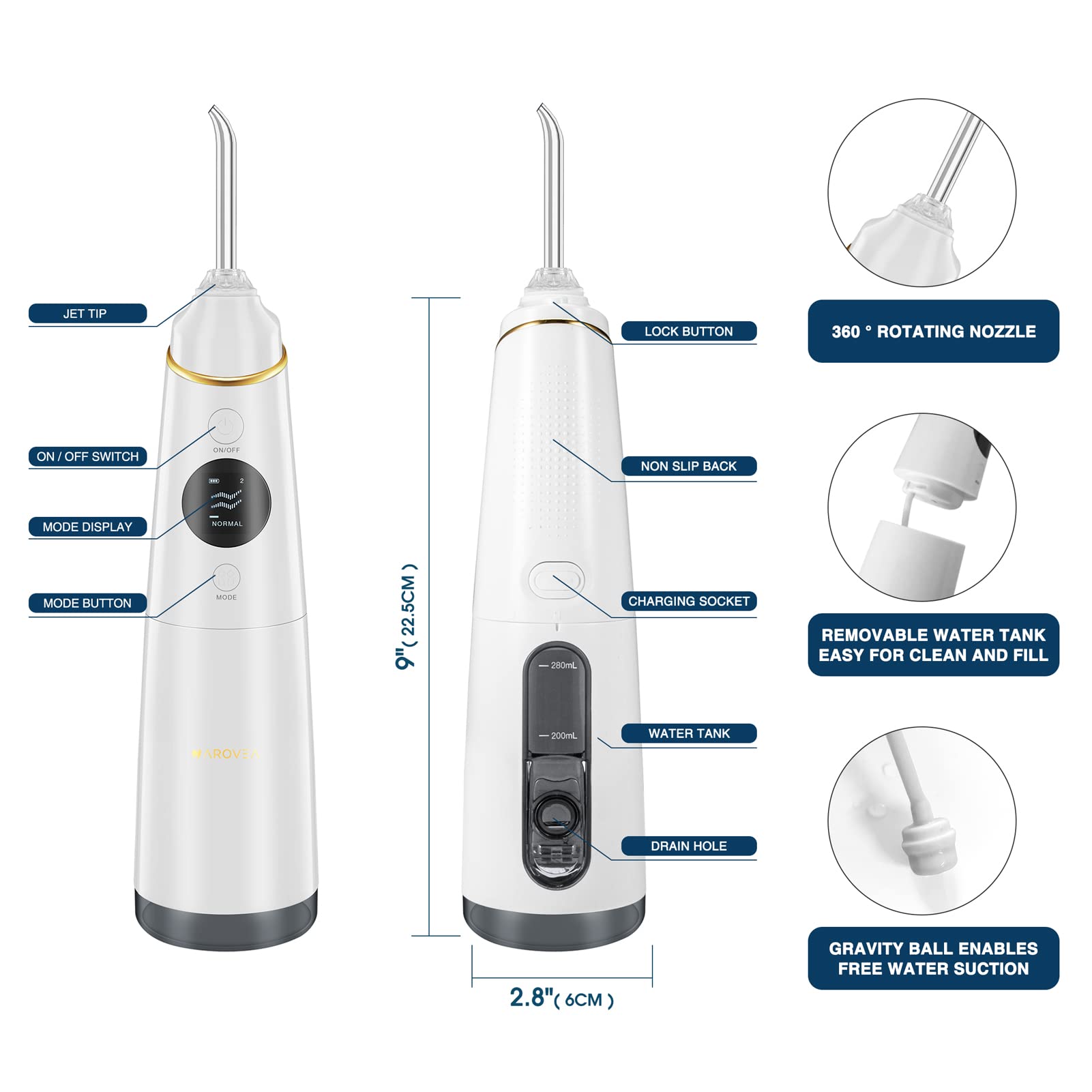 AROVEA Water Flosser, 5 Professional Modes, 8 Replaceable Jet Tips - IPX7 Waterproof, Powerful Rechargeable Battery Life, Oral Dental flosser for Home Travel