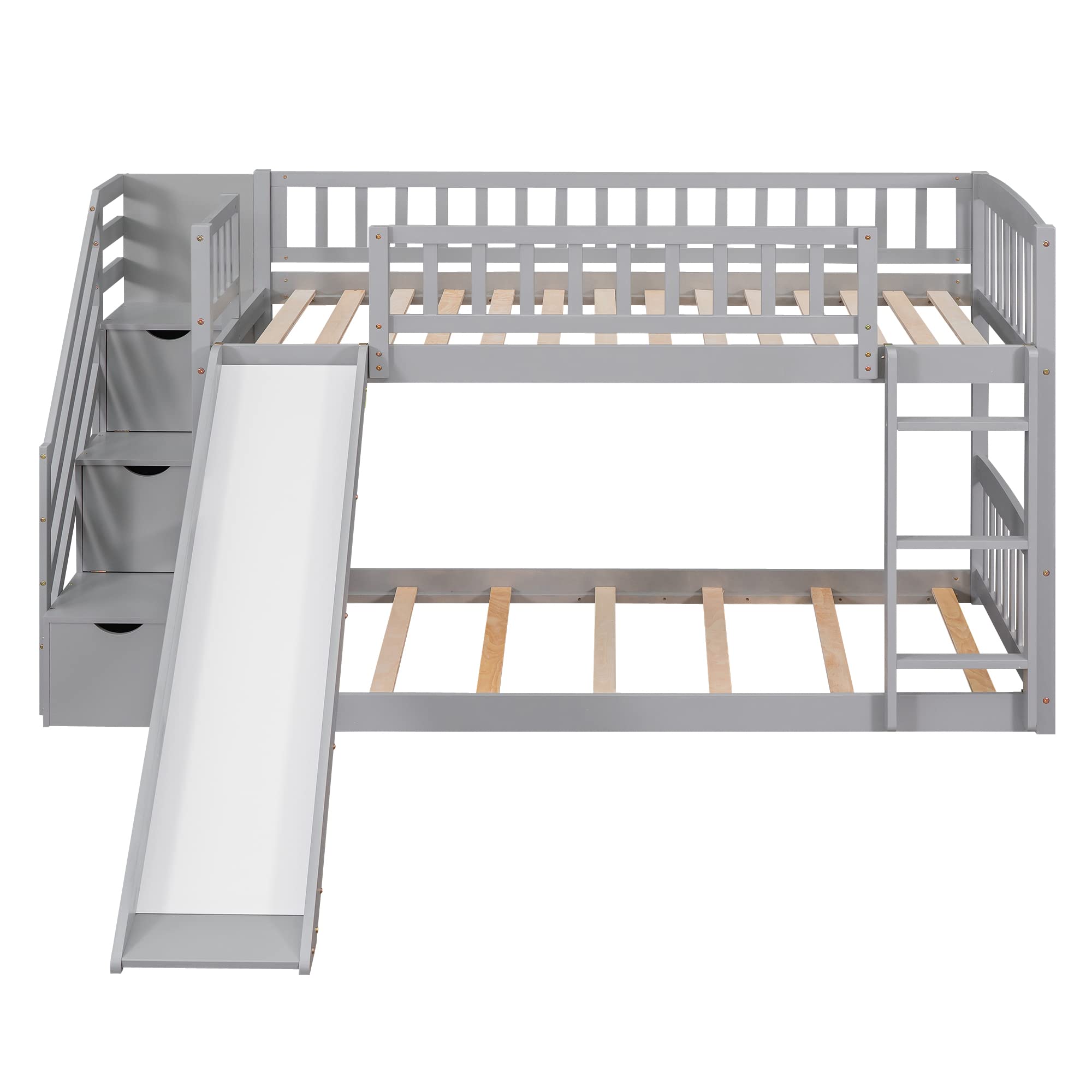 CITYLIGHT Twin Over Twin Bunk Bed with Slide and Stairs, Wooden Low Bunk Bed with Storage Stairs,Kids Bunk Bed with Slide for Girls Boys,No Box Spring Needed, Grey