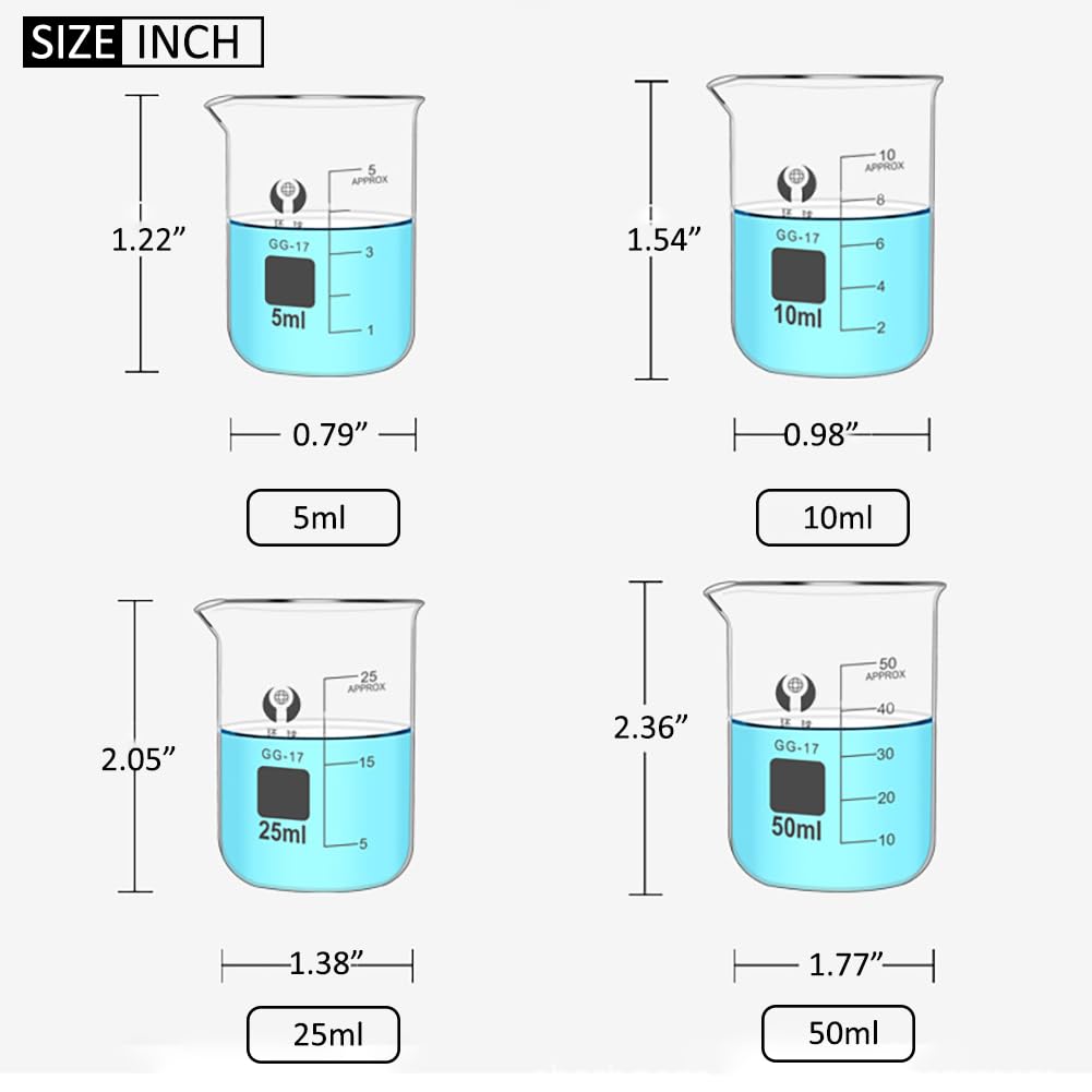 KNMNIU 50ml Low Form Glass Beaker, 3.3 Borosilicate Glass Graduated Printed Scale Measuring Cups with Spout for Kitchen Lab Liquids,4 PACK
