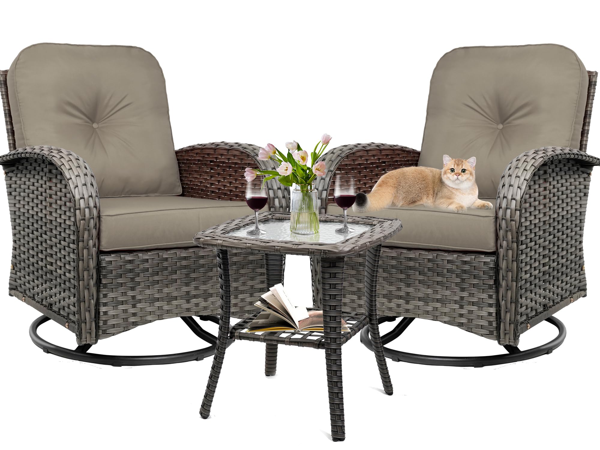 TIMWNER 3-Piece Swivel Rocker Wicker Chair Set of 2 ļ¼360-Degree Rocking Chairs Outdoor with Cushionsļ¼Glass Table for Garden,Backyard, Bistro.Brown