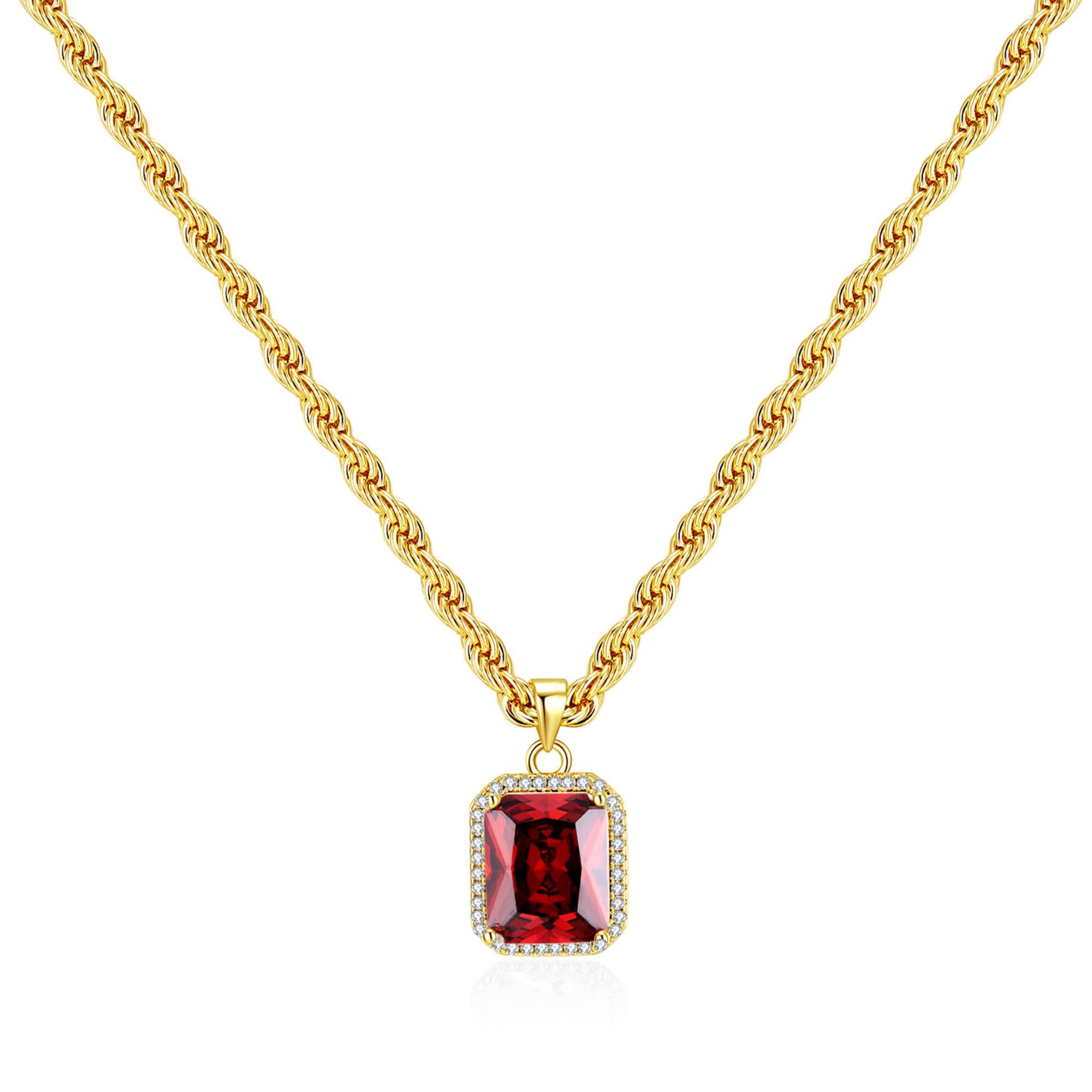 Baguette Stone Rope Necklace Roman Rope Statement Necklace | Gold Rope Chain Baguette Pendant Necklace | 18K Gold Plated Chain 20''-22'' Adjustable (Ruby CZ)