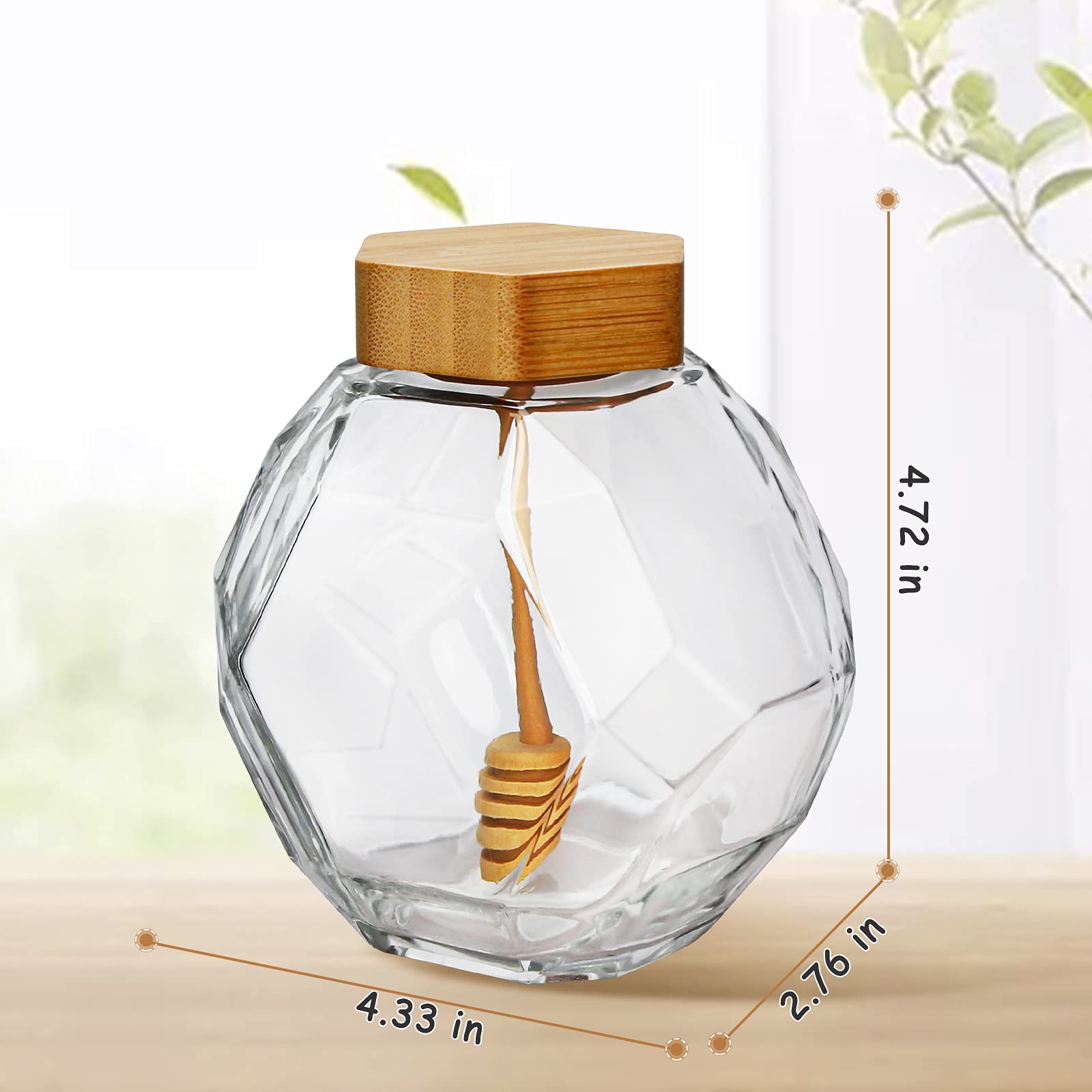 Bfttlity Honey Pot Jar Hexagon Shape Honey Pot Container 380ml Glass Honey Jar with Dipper and Lid Cover for Home Kitchen (Wooden lid)
