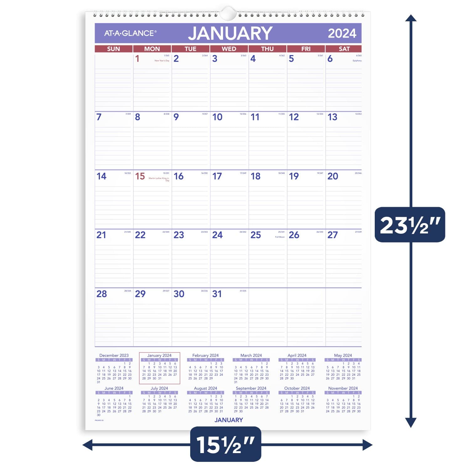 AT-A-GLANCE 2024 Erasable Calendar, Dry Erase Wall Planner, 15-1/2" x 22-3/4", Medium (PMLM032824)