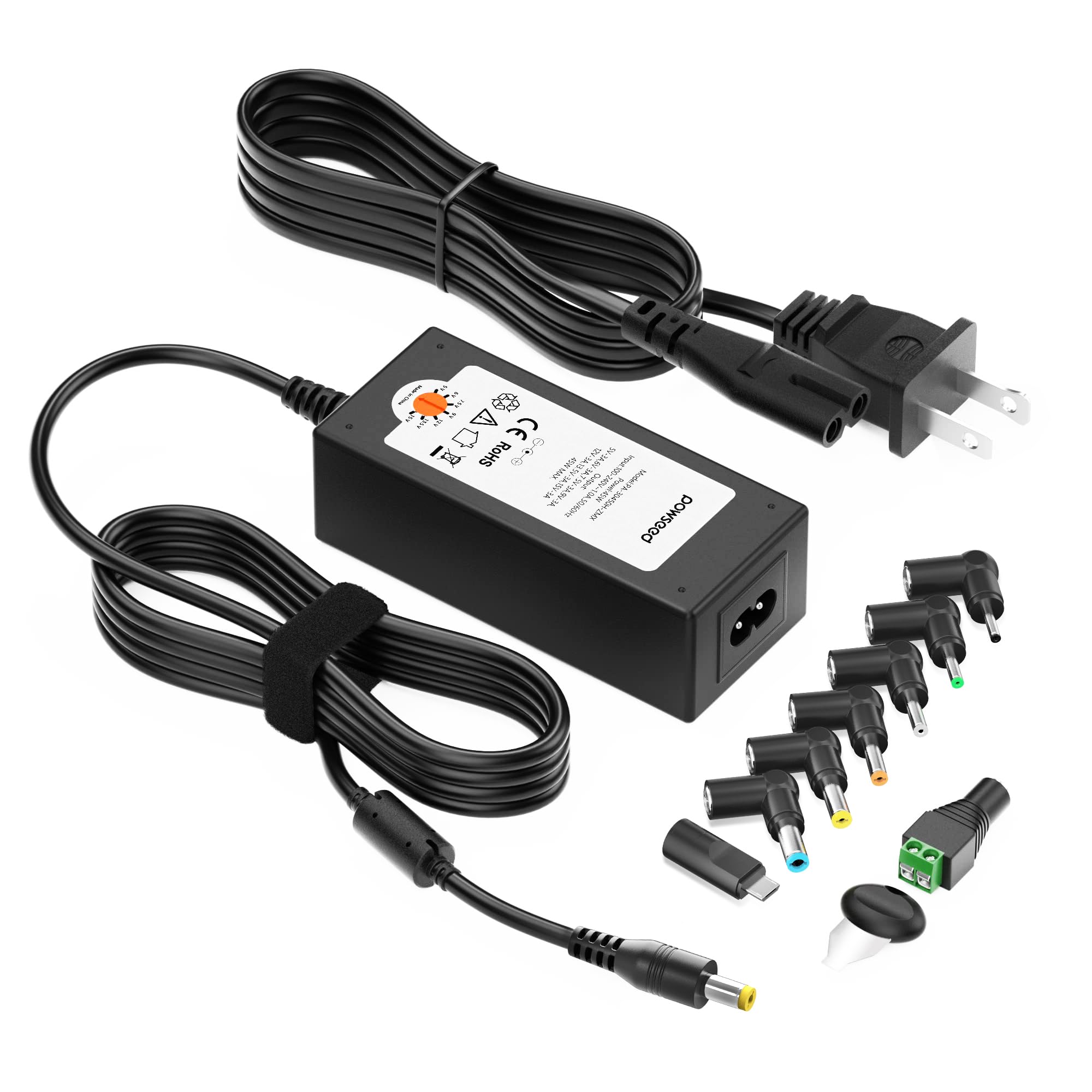 POWSEED Universal 45W 5V 6V 7.5V 9V 12V 13.5V 15V AC DC Power Adapter for Household Electronics Routers CCTV IP Cameras Speaker USB Hub Tablet LED Strips, Multi Voltage Supply Cord Charger 1A 2A 3A