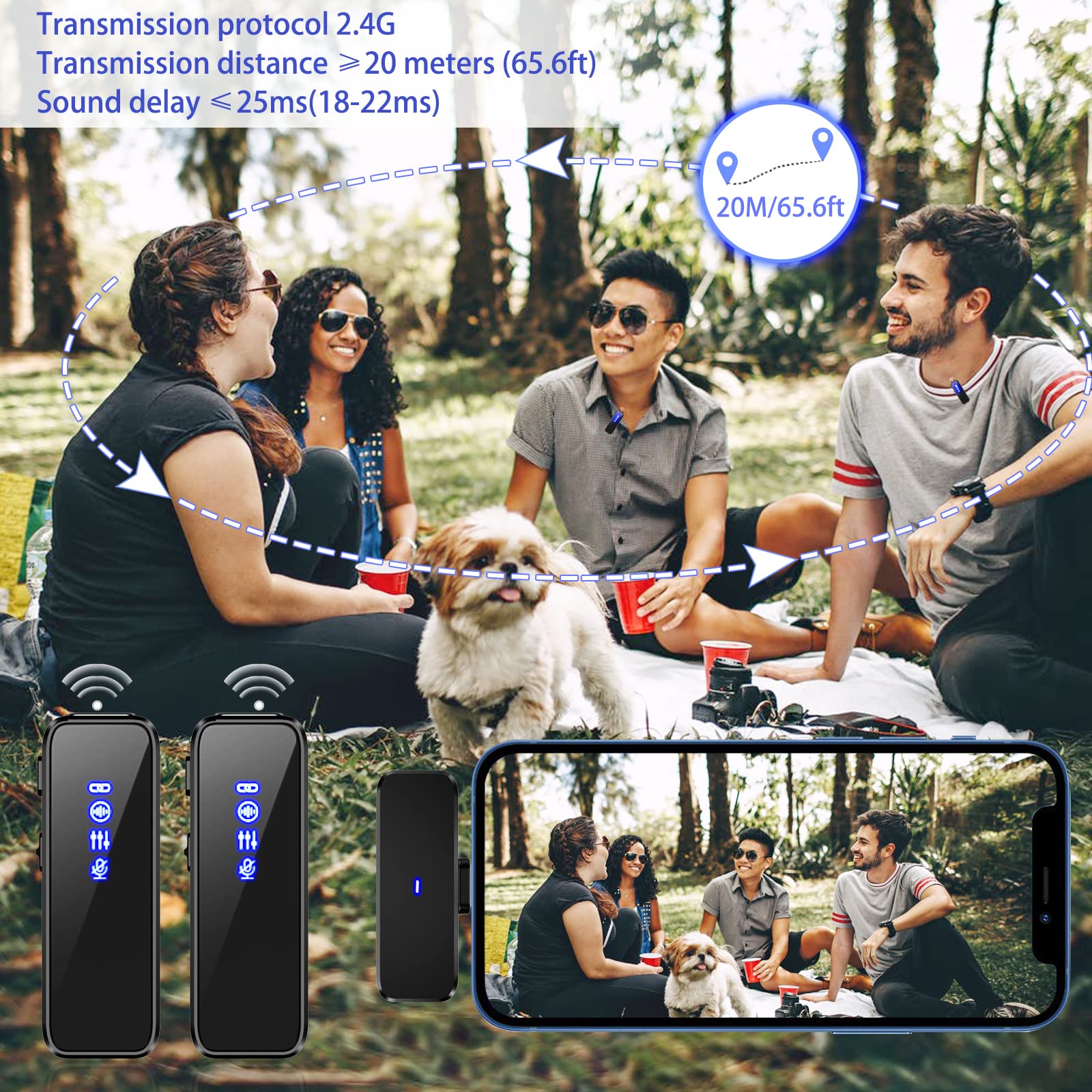 AOOCOO 2 Pack Wireless Lavalier Microphone for iPhone, Noise Reduction Plug & Play 2.4GHz Lapel Mic with Charging Case for Recording, YouTube, TikTok, Facebook Live Stream, Vlogging