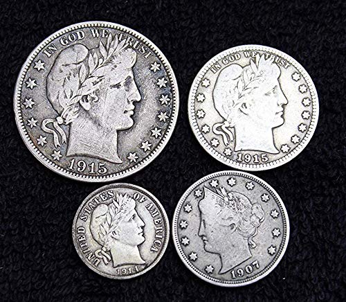 Barber Coinage - Set of 4 Different Coins - Half Dollar, Quarter, Dime, Nickel - Silver, Antique, Investment - 1/2 Good and Better - All Full Date - Great Collection US Mint