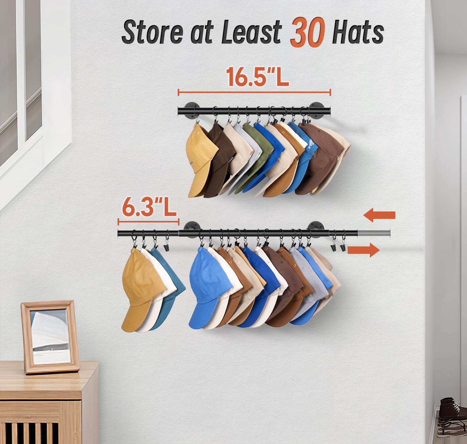 AOODA Adjustable Hat Rack for Wall, Hold up to 30 Caps Hat Organizer for Baseball Caps, Metal Wall Mounted Hat Holder Hanger for Closet, Bedroom, Set of 2, Black