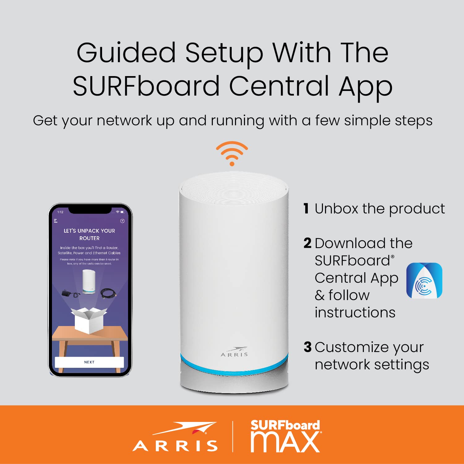 ARRIS SURFboard SB6190 DOCSIS 3.0 Modem (800 Mbps Max Internet Speeds) & W121 AX6600 WiFi 6 Tri-Band Mesh Router System Bundle (WiFi Coverage up to 5,500 sq ft) | Mesh with your Cable Internet