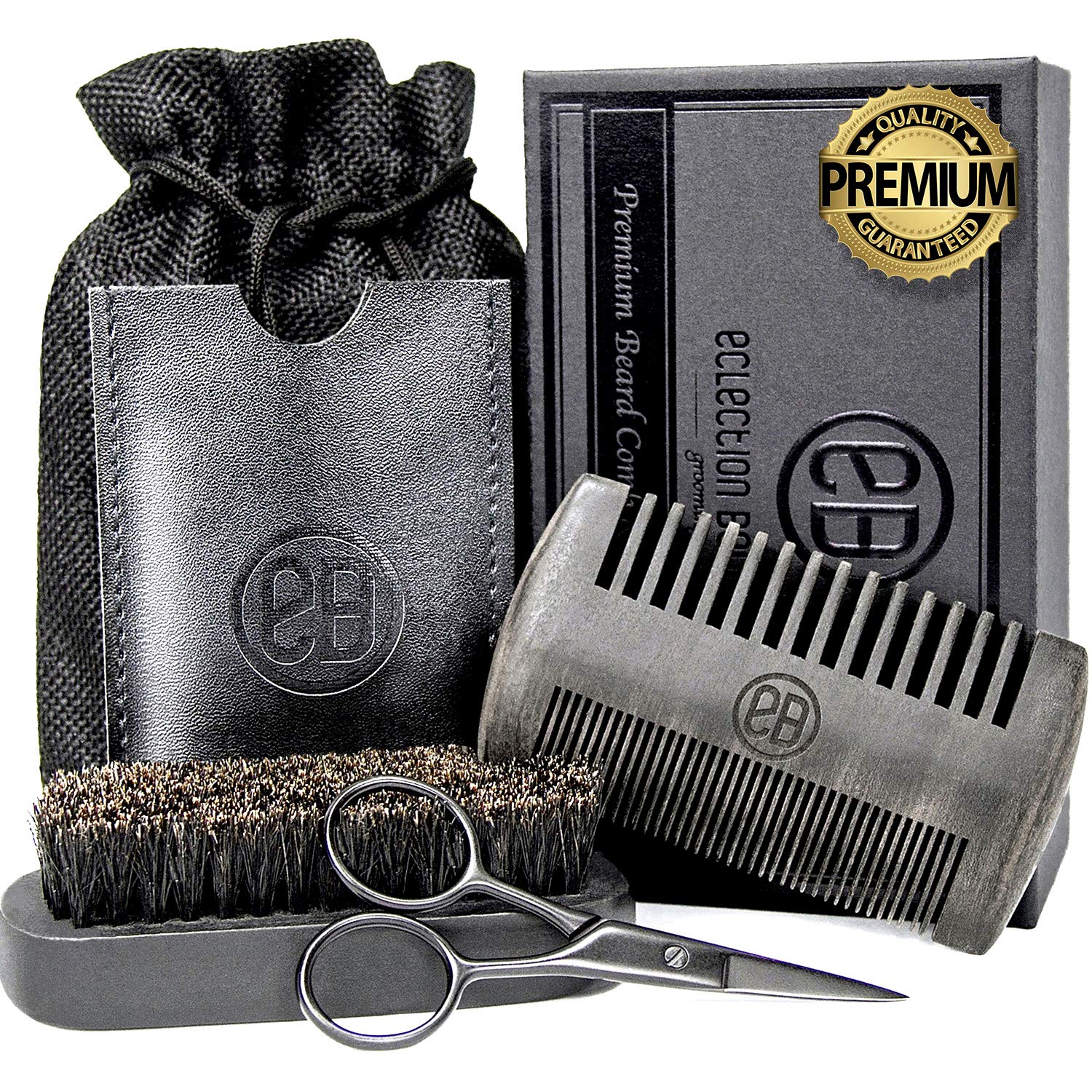 Beard Brush & Beard Comb Kit, Natural Boar Bristle Brush, Authentic Sandalwood Dual Action Comb & Durable Case, Mustache Trimming Scissors, Linen Pouch Bag, Gift Box Set for Men's Daily Grooming Care