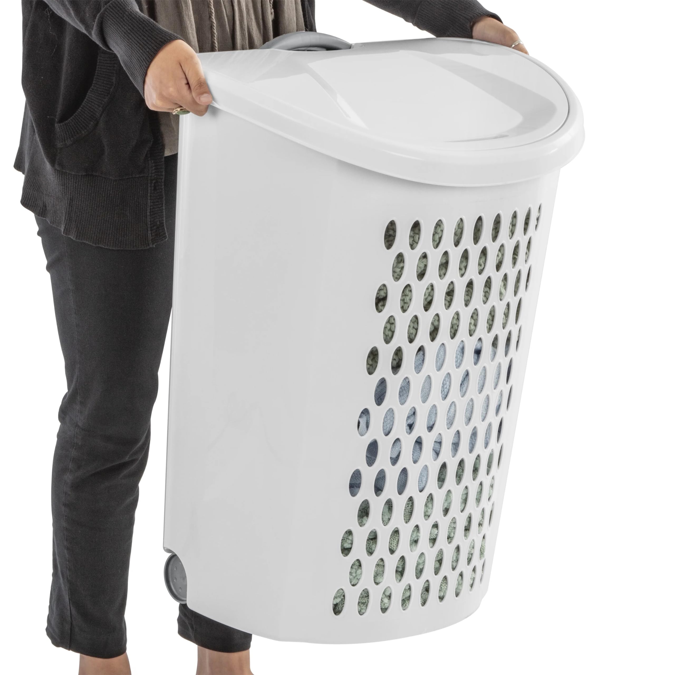 BHCHA Ultra Wheeled Design Clothes Laundry Basket, 135 Liter (20 1/8" x 15 3/8" x 26 3/4")Capacity, Laundry Hamper White Lid & Base w/Plastic Handle & Wheels,1-Pack