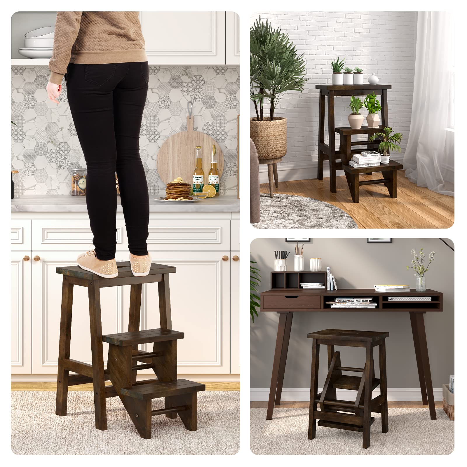 Giantex Folding 3 Tier Step Ladder, Multifunction 3-in-1 Wood Step Stool with Anti-Slip, Convenient Handle, Display Ladder and Storage Shelf for Library, Home Kitchen, Household Work, Garage (Brown)