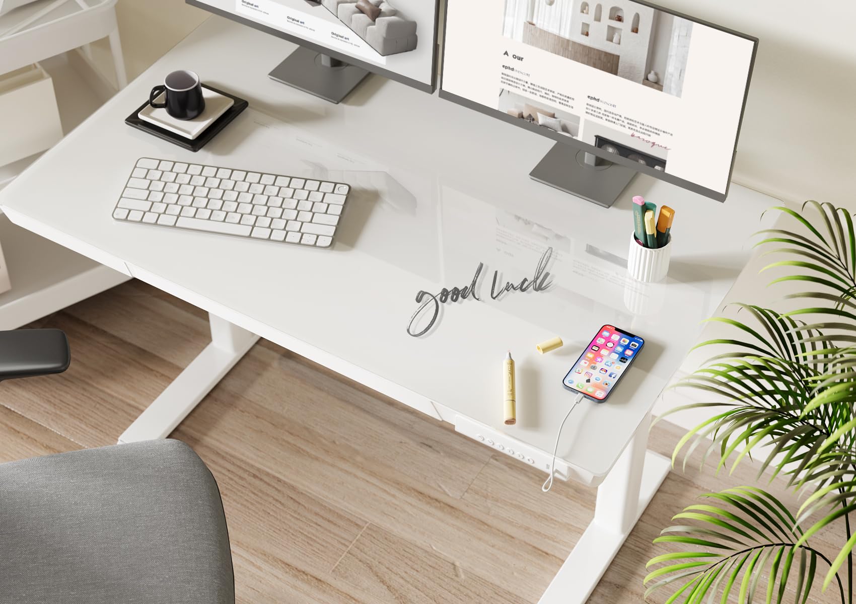 Claiks Glass Standing Desk with Drawers, 40 Inch Adjustable Stand Up Desk, Quick Install Home Office Computer Desk with USB Ports, White