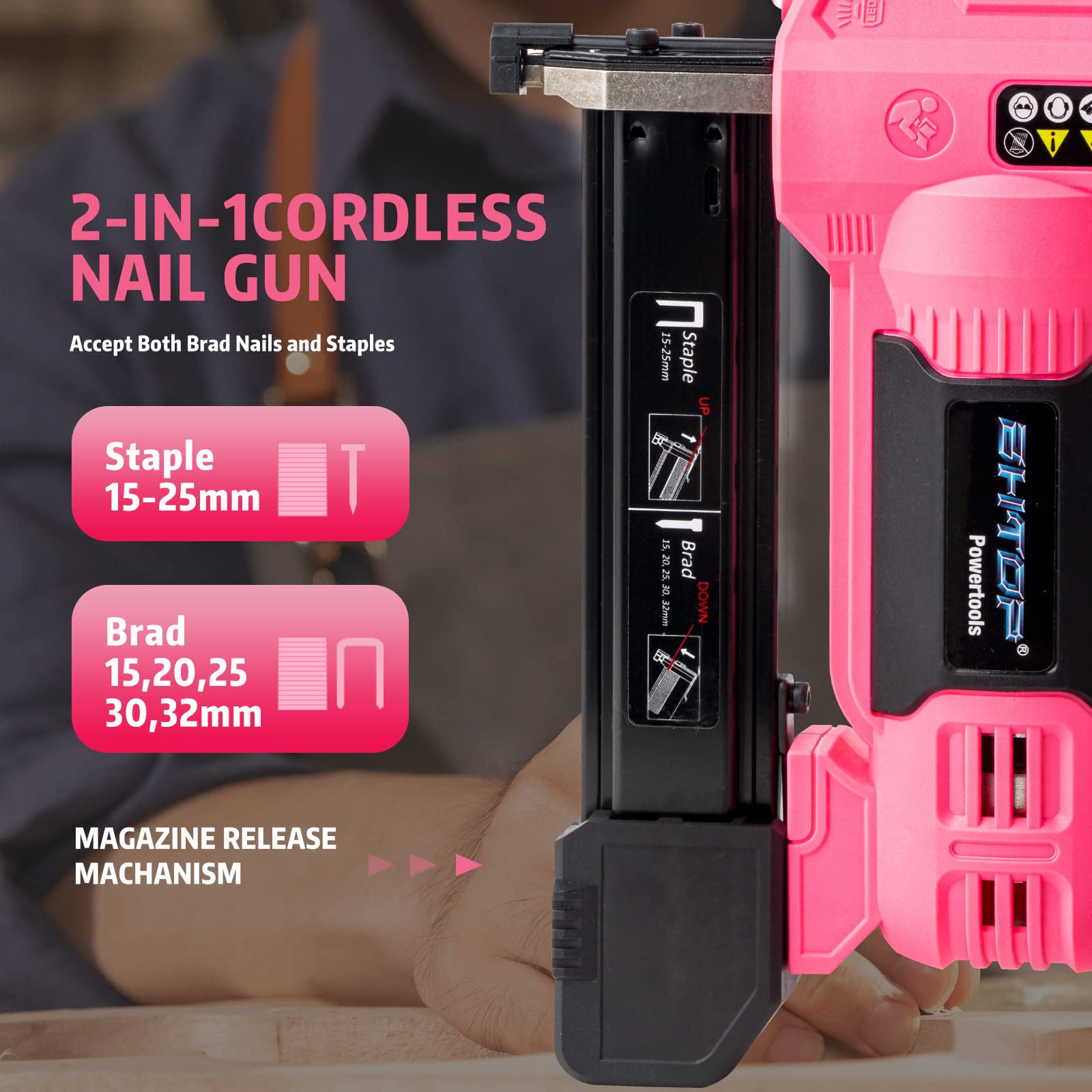 BHTOP 20V Cordless Brad Nailer&Stapler, 18 Gauge 2 in 1 Stapler Kit, Heavy Finish Nail Gun with 2.0A Rechargeable Battery, Charger, 2500 Brad Nails and 500 Staples in Pink
