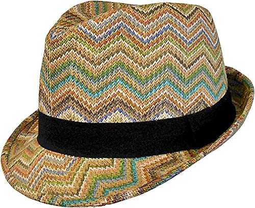 Bohemian Summer Straw Fedora Hat for Women, Cute Chevron Zig Zag Striped, One Size