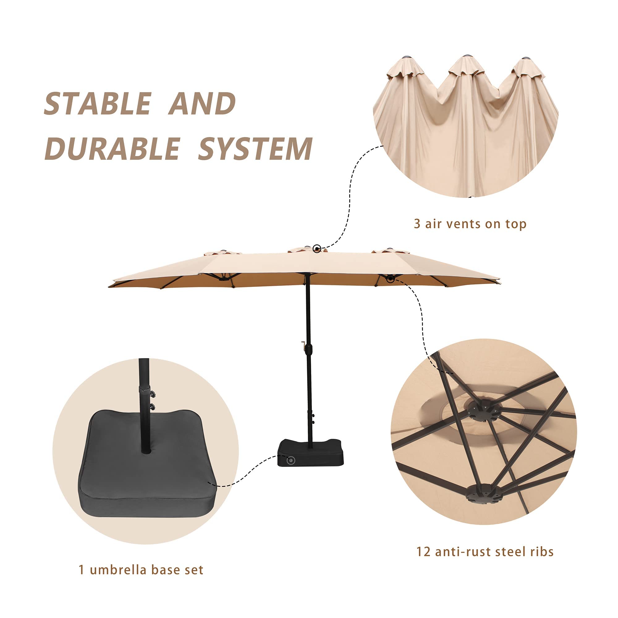 Bigroof 15ft x 9ft Patio Double-Sided Umbrella with Base & Crank, Extra Large Rectangular Outdoor Umbrella for Patio, Lawn & Garden, Beige