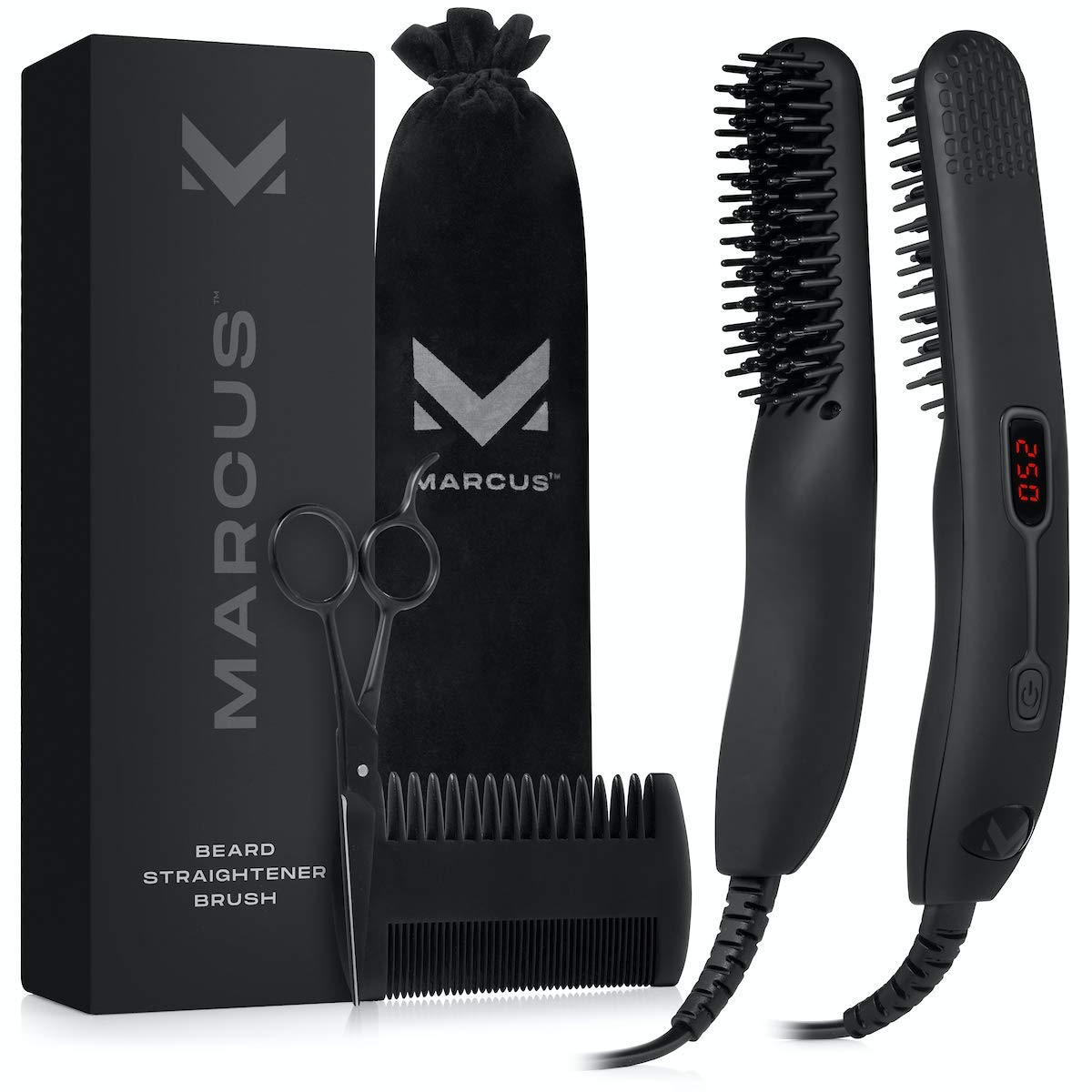 Beard Straightener Comb for Men - Upgraded Professional Beard Straightner Brush with LCD Display, 6 Heat Settings - Includes Travel Case, Wood Comb, Scissors and Ebook - Mens Beard Straightener