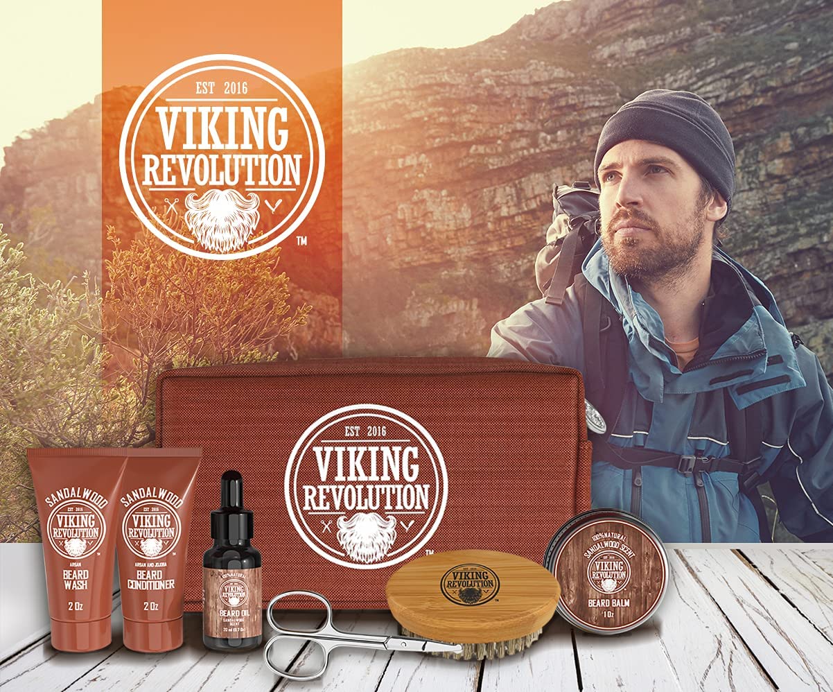 Beard Care Kit for Men Gift- Beard Grooming Kit Contains Travel Size Beard Oil, Beard Balm, Beard Shampoo & Conditioner, Beard Brush and Grooming Scissors - Includes Travel Case (Sandalwood)