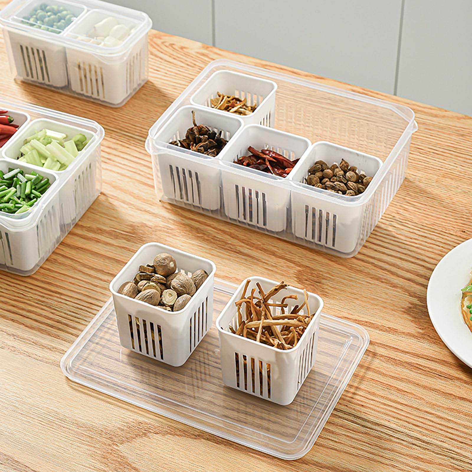 Bhtqdnq Food Storage Containers with Lids Airtight, Fridge Fresh-Keeping Container with 6 detachable small boxes, Portable Divided Fruit Storage Container Onion Ginger Garlic Cherry Storage (6 boxes)