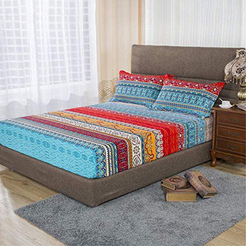 Boho Sheets Set Queen(4 PCS) Boho Colorful Tribal Striped Bed Sheets 14" Deep Pocket Ethnic Fitted Sheet Bohemian Flat Sheets 2 Pillowcases