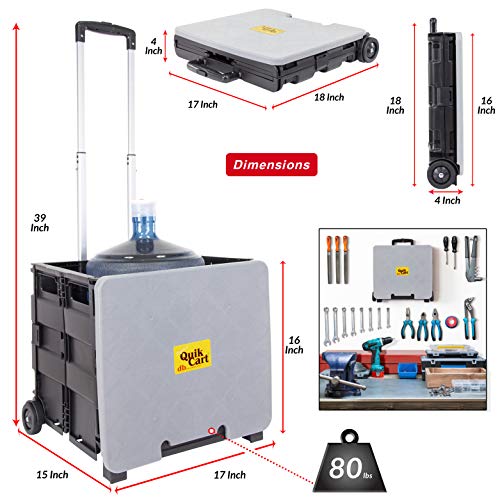 dbest products Quik Cart Collapsible Rolling Crate on Wheels for Teachers Tote Basket 80 lbs Capacity, Made from Heavy Duty Plastic and Used as a Seat, Grey