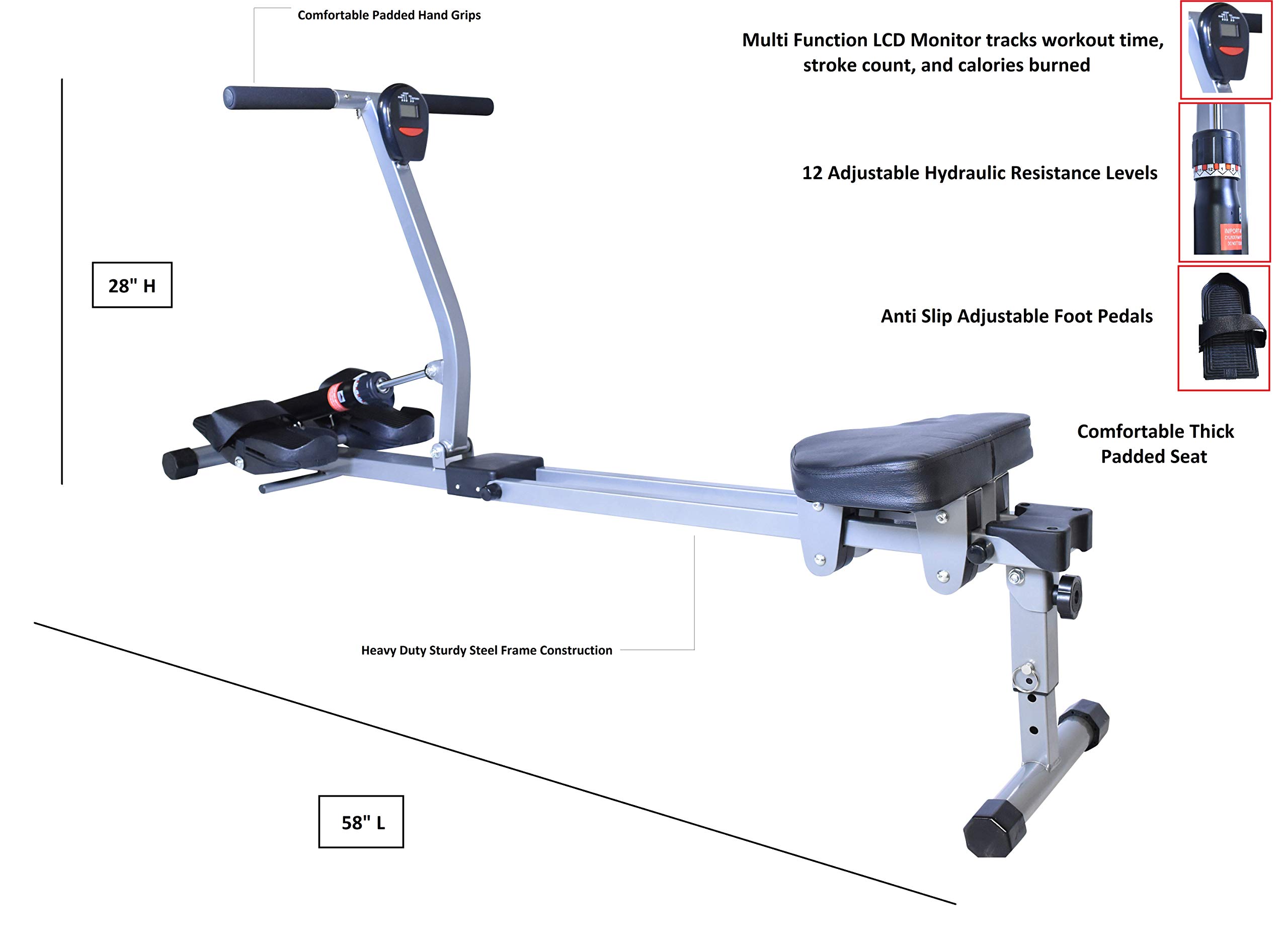 Athletic Bar Regatta Rowing Machine Pro Rower Smart Glider 12 Hydraulic Resistance Levels for Full Body Workout Exercise Muscle Cardio Home Gym
