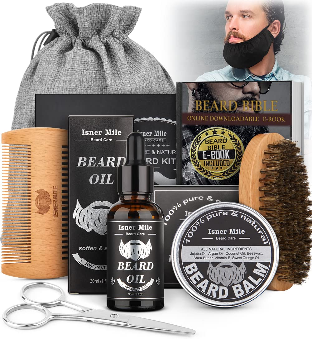 Beard Grooming Kit with Beard Wash, Beard Oil, Balm, Bristle Brush, Beard Comb, Trimming Scissors, Gifts for Dad Fathers Him Men Boyfriend