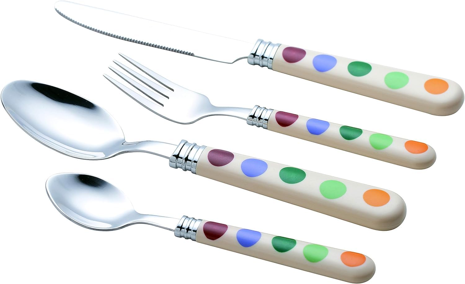 EXZACT Cutlery Set 24 PCS Stainless Steel with Polka Dots Handle - Dinner Knife x 6, Dinner Fork x 6, Table Spoon x 6, Tea Spoon x 6, Service for 6 - Mirror Polished