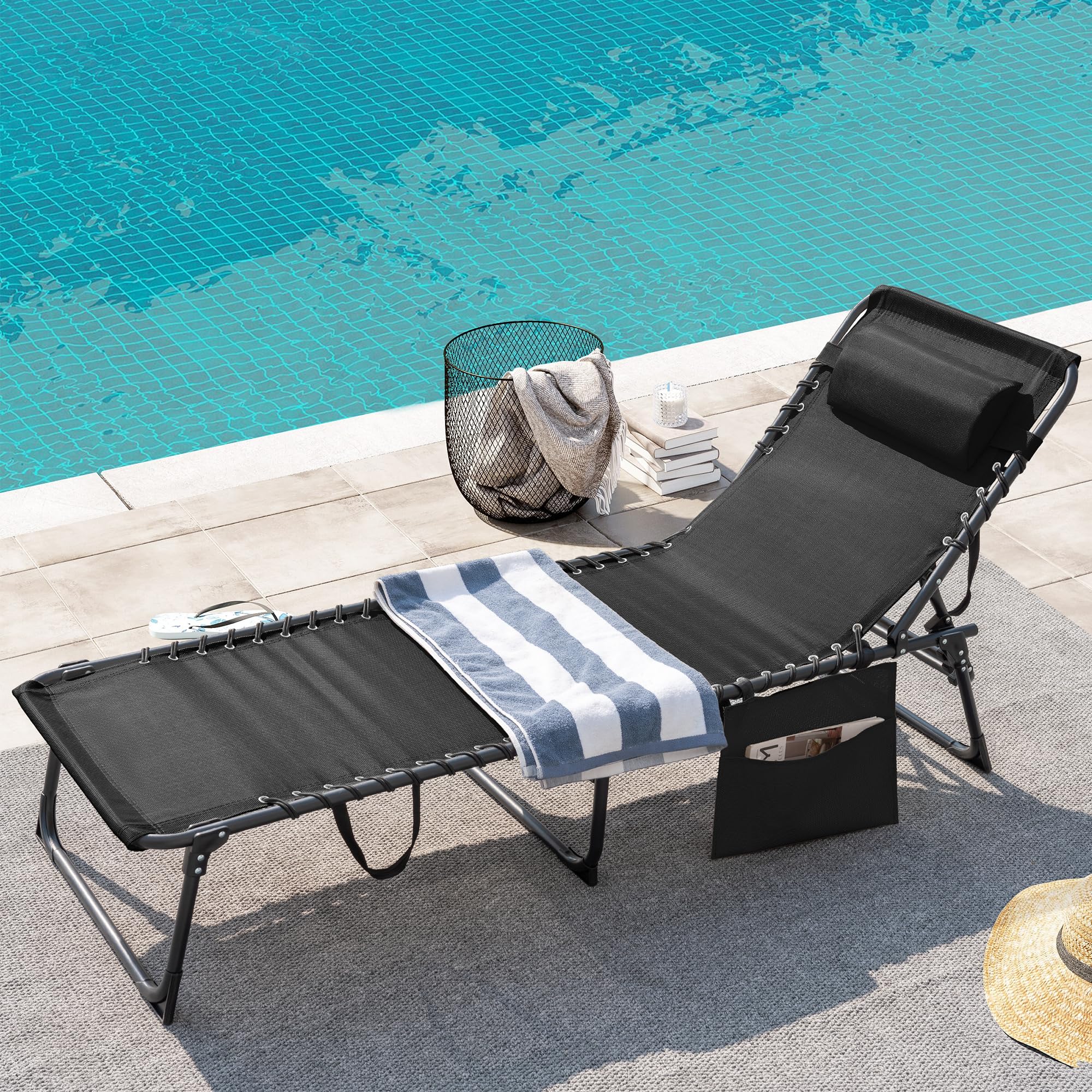 Greesum Chaise Lounge Folding Tanning Chair with 5 Position Adjustable Back, Detachable Pillow & Pocket for Outside Pool, Beach, Sunbathing, Beige w/Face Hole